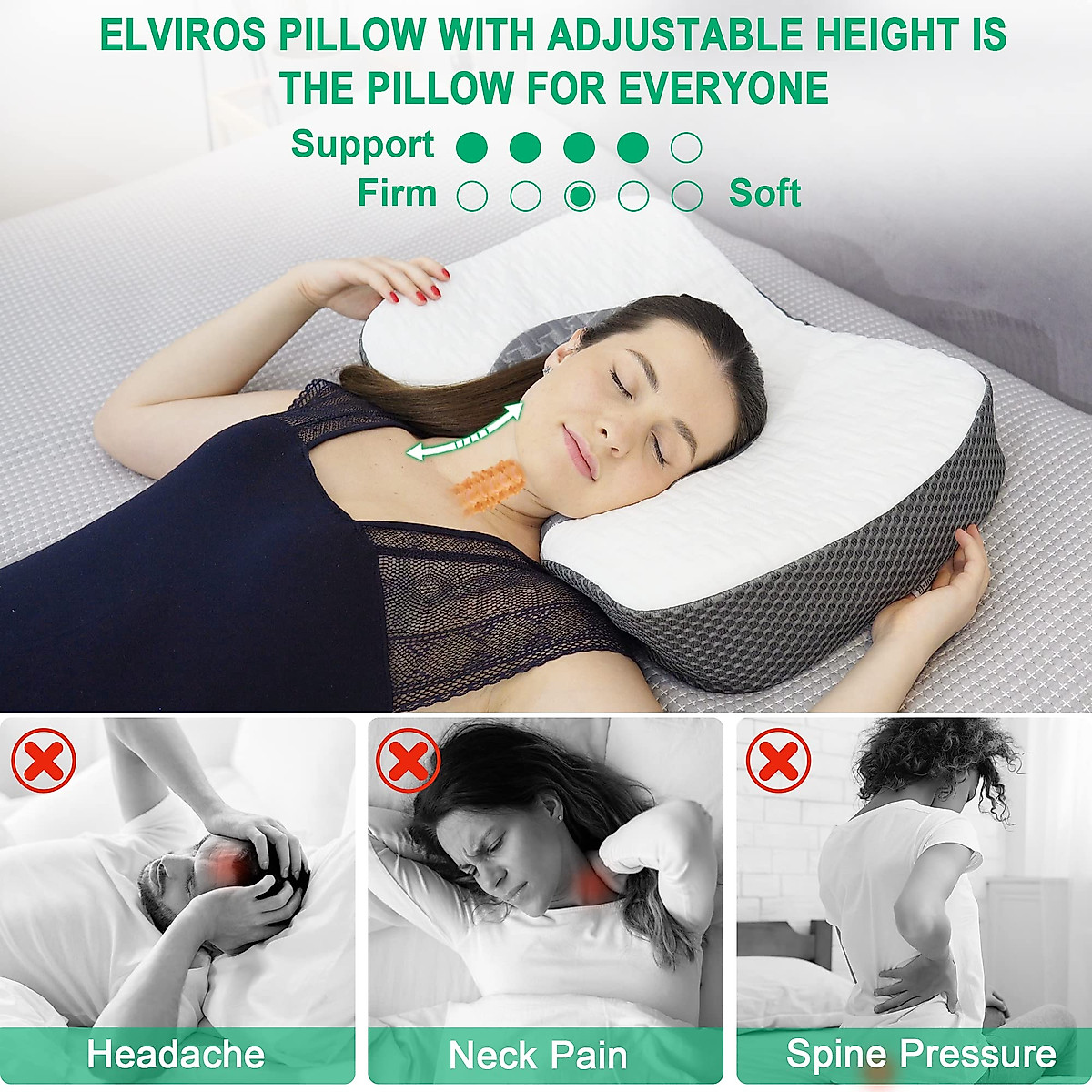 Elviros Cervical Memory Foam Neck Pillow for Side Sleeping, Contour Orthopedic Pillows for Back and Stomach Sleepers, Adjustable Ergonomic Bed Pillow Pain Relief, CertiPUR-US, Blue