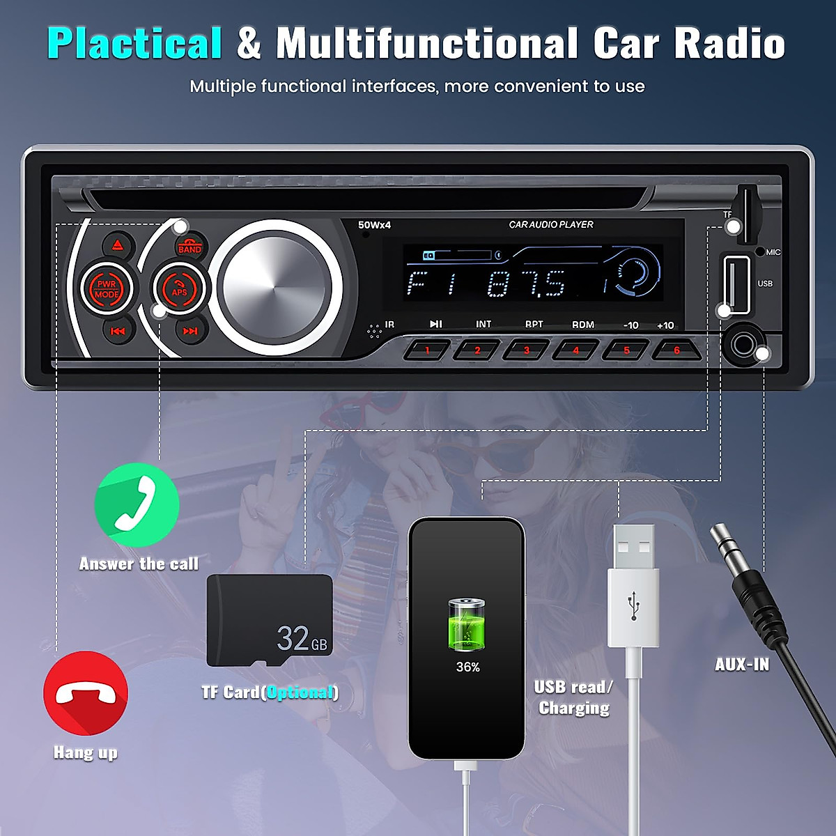 Single Din Car Stereo Bluetooth Car CD DVD Player HandsFree Calling Head Unit FM Radio Receiver USB Charging Power-Off Memory MP3 Car Player Support CD/DVD/VCD/AUX/RCA/TF Input + Remote Control