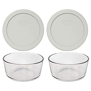Pyrex (2 7201 4 Cup Glass Dishes & (2) 7201-PC 4 Cup Sleek Silver Lids Made in the USA