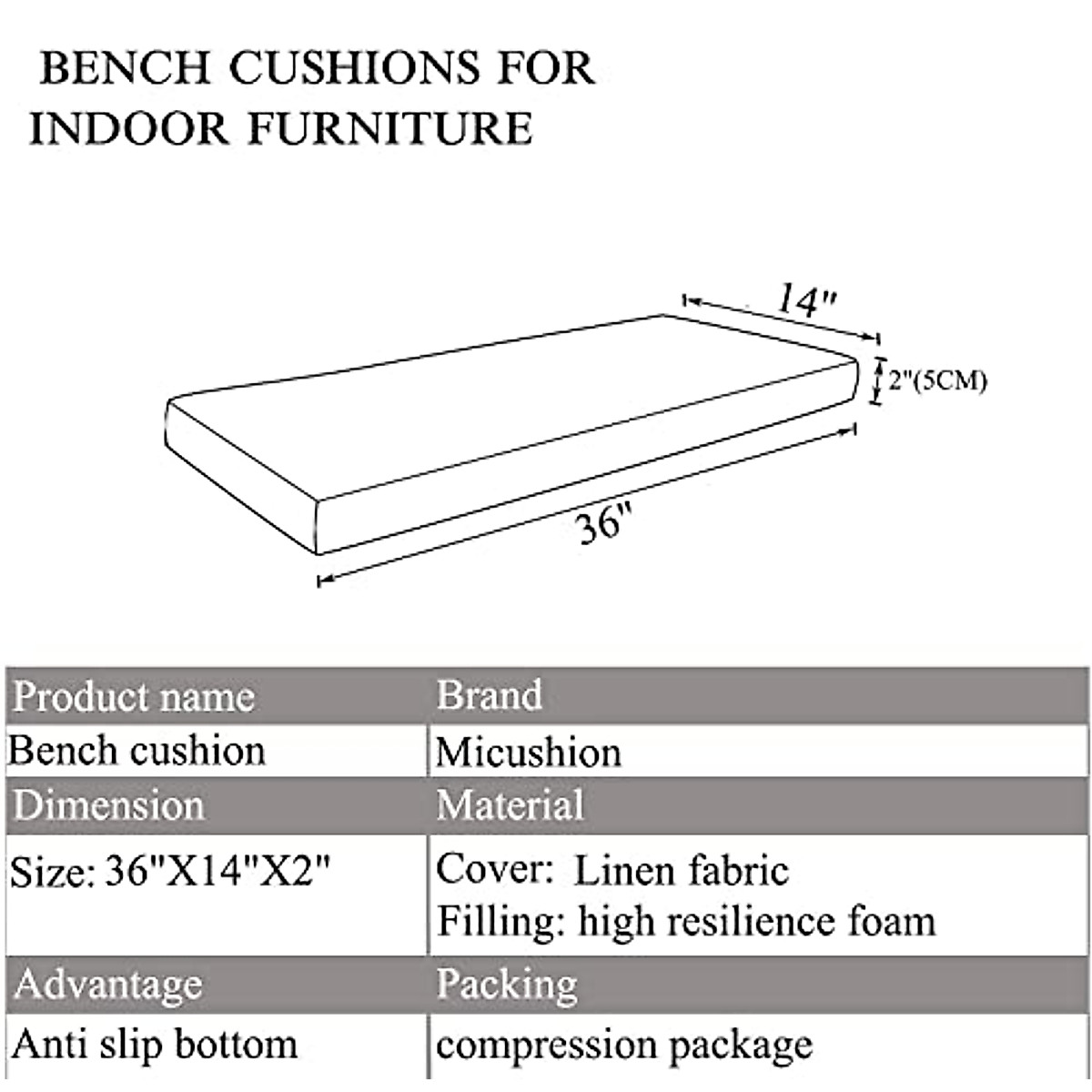 MICUSHION 36 x 14 inch Piano Bench Cushion for Indoor Shoe Storage Non Slip Picnic Bench Pad for Kitchen Dining Table Seat, Light Brown