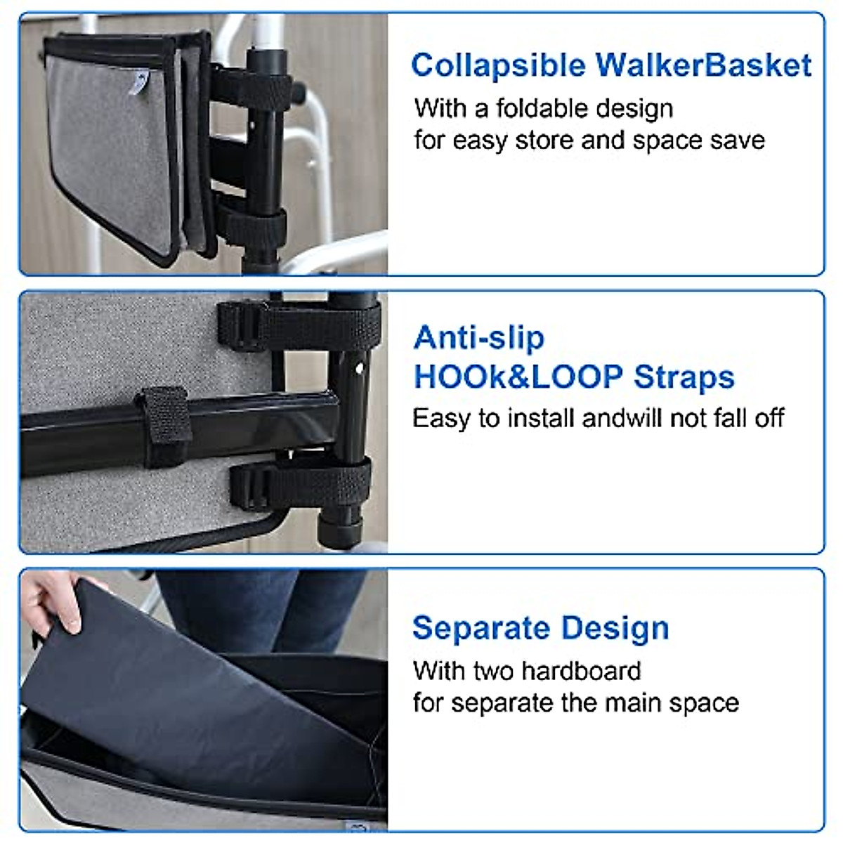 MDSTOP Walker Basket, Walker Bag Water Cup Holder, Foldable Walker Attachment Hands-Free Storage Bag for Elderly, Senior, Large Capacity with Zippered Phone Pocket (Not Fit Rollator Walkers) (Grey)