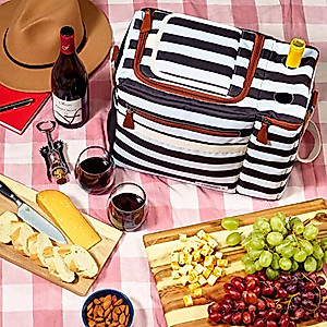 Foundry by Fit + Fresh, Brooks Dual-Compartment Insulated Cooler Bag with Wine Cooler Compartment, Food & Beverage Beach Bag, Picnic Basket, Perfect For Tailgating & Camping Accessories, Black & White