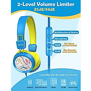 RIYO Kids Headphones with Microphone Wired On-Ear Headphones with 85dB/94dB Volume Limited 3.5mm Jack Foldable Stereo Headphones for Kids/School/Travel/Cellphones/Tablets/Kindle (Blue)