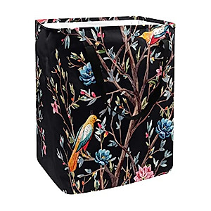 Retro Birds on Tree Print Collapsible Laundry Hamper, 60L Waterproof Laundry Baskets Washing Bin Clothes Toys Storage for Dorm Bathroom Bedroom