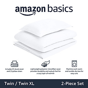 Amazon Basics Lightweight 2 Piece Microfiber Duvet Cover Set with Zipper Closure, Twin/Twin XL, Bright White, Solid