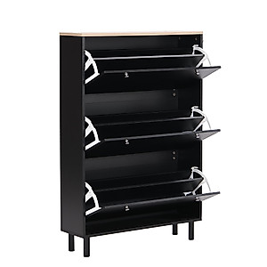 VENBER Narrow Design Shoe Cabinet with 3 Flip Drawers, Wood Grain Pattern Top Entryway Organizer with 3 Hooks, Free Standing Shoe Rack with Adjustable Panel for Hallway (Black)