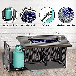 Halmuz 7 Piece Outdoor Patio Furniture Set with Propane Fire Pit, High Back PE Wicker Rattan Outdoor Sofa Conversation Set,Sectional Furniture Patio Set w/Tempered Glass Top Table&Gas Fire Pit(Grey)