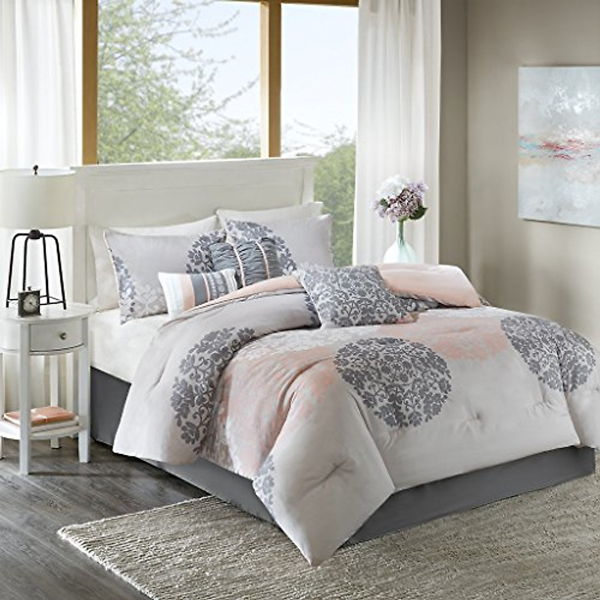 Home Essence Springfield Cozy Pink and Grey Comforter Set Floral Medallion Print - All Season Down Alternative Bedding Layer with Matching Bedskirt, Shams, Decorative Pillow, Queen, Coral 7 Piece