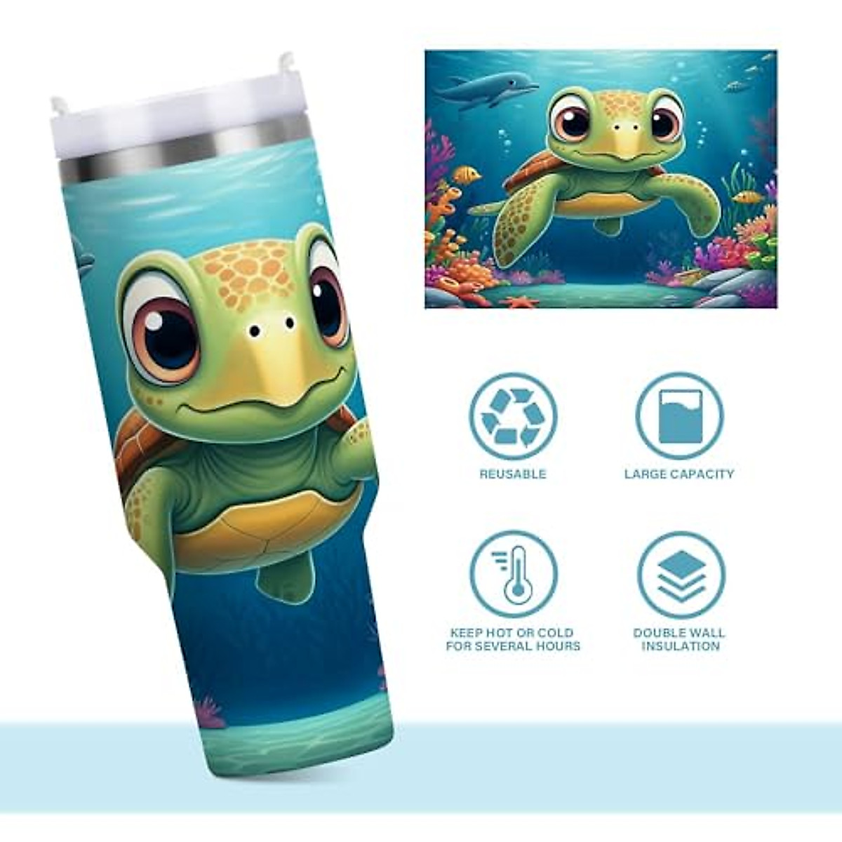 Maunzc 30 oz Tumbler with Handle and Straw, Insulated Stainless Steel Travel Mug with Lid for Coffee, Iced Tea, Water, Gift for Men Women (Cartoon Swimming Turtle)