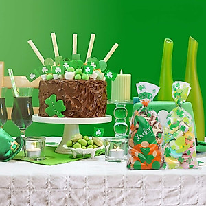 DERAYEE St. Patrick Day Cellophane Treat Bags, 160Pcs Clear Candy Goody Gift Bags with Twist Ties Lucky Shamrock Leprechaun Hat