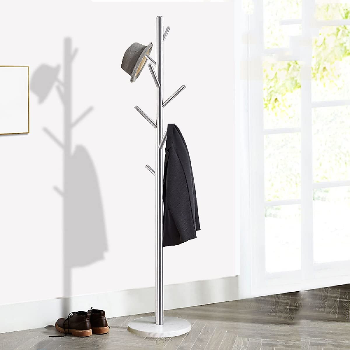 Jolitac Metal Coat Rack Stand Satin Steel Finish Stable Marble Base, High-Grade with Hooks Metal Tree Hat & Coat Hanger Floor Free Standing Wall Bedroom Easy Assembly (Satin Steel)