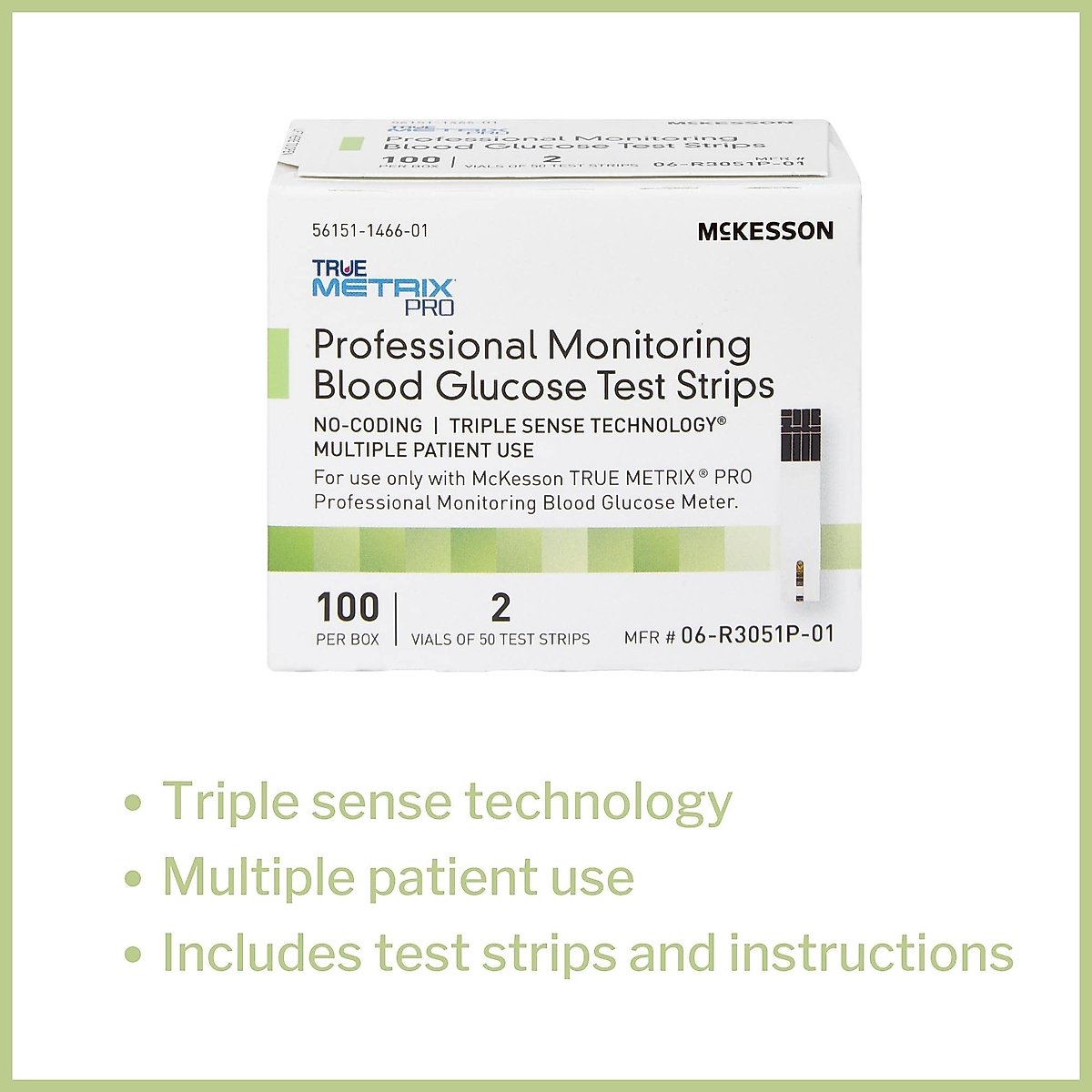 McKesson TRUE METRIX PRO Professional Monitoring Blood Glucose Test Strips - No Coding, Triple Sense Technology, Multiple Patient Use - Vials of Strips, 100 Strips, 1 Pack