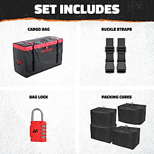 Mockins 15 Cu.Ft. Soft-Shell Trailer Hitch Cargo Carrier Bag w/ 4 Packing Cubes | 48"x18"x31" All-Weather & Waterproof Cargo Bag for Hitch Carrier | Durable Vinyl Truck Bed Bag w/Buckle Straps & Lock