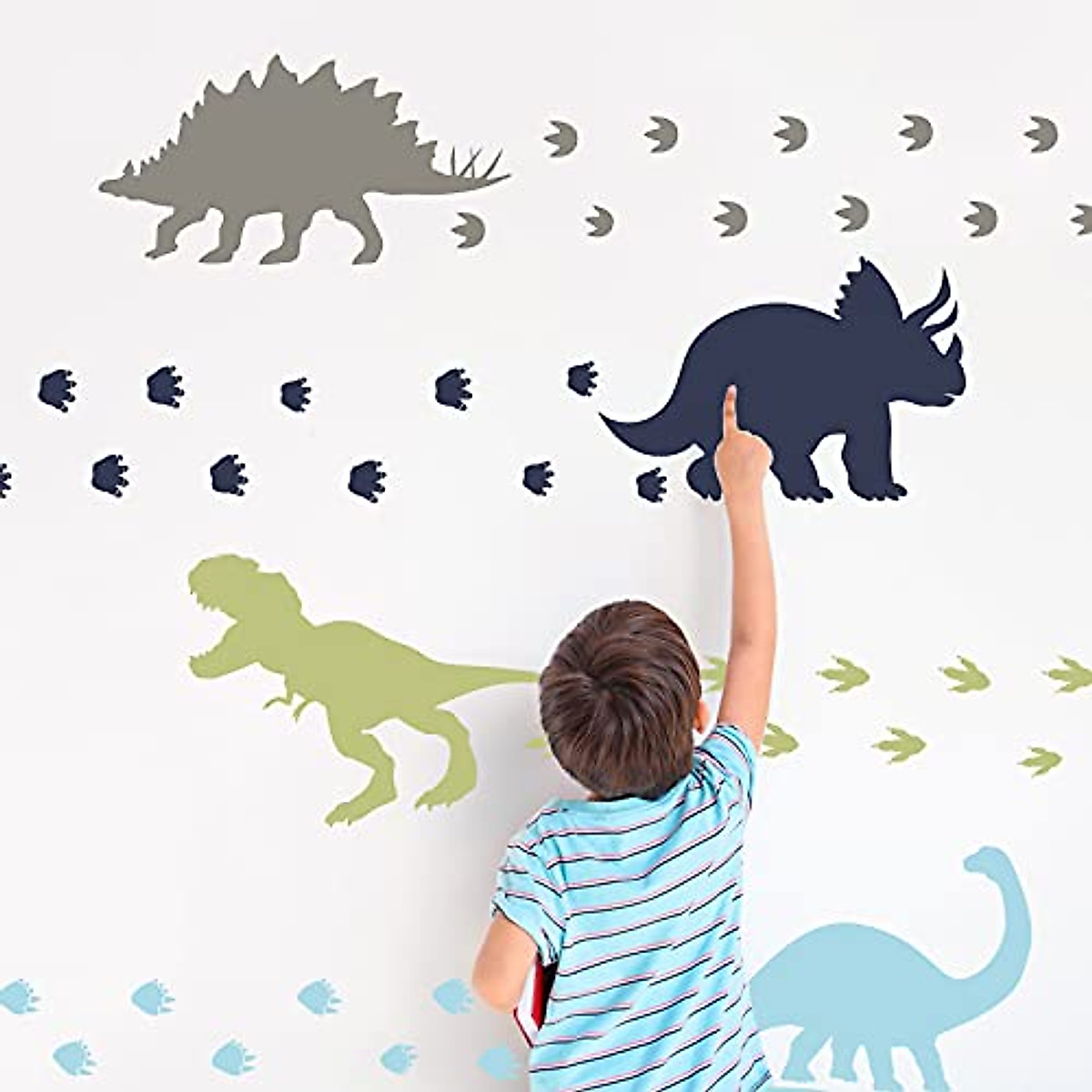 Yovkky Dinosaur Footprint Wall Decal Boy, Peel Stick DIY Dino Animal Paw Track Wall Sticker Nursery Blue Grey Decor, Home Baby Shower Room Decoration Kid Toddler Bedroom Playroom Art Party Supply Gift