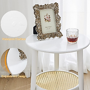 Apicizon 2 Tier Round Side Table, White Rattan Nightstand Bedside Table with Storage, Boho End Table for Living Room, Bedroom, Small Spaces, Easy Assembly, 15 x 19.3 Inches