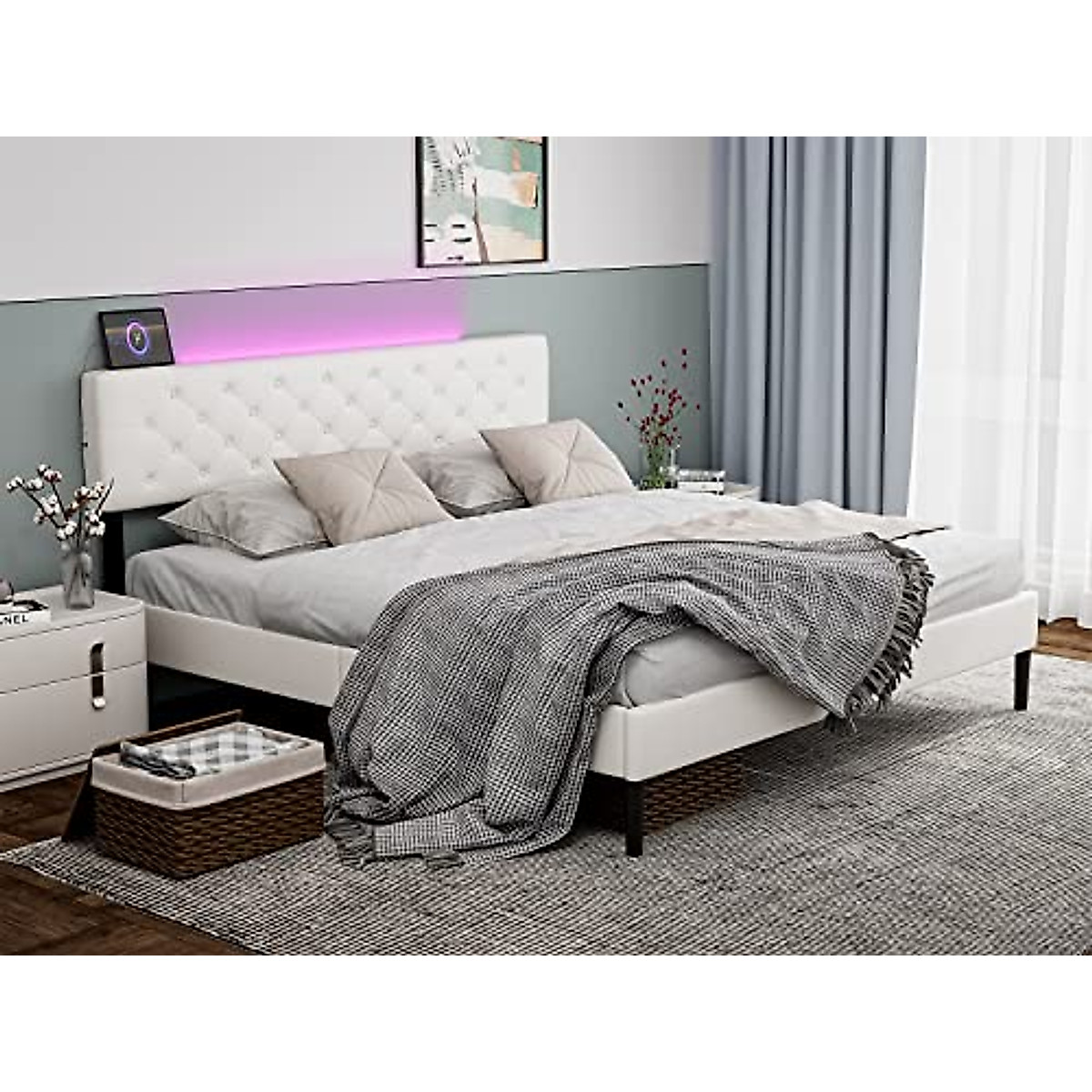 IKIFLY California King Bed Frames with Adjustable Headboard, Modern Upholstered Cal King Platform Bed with LED Lights & 2 USB Ports, Strong Wood Slat Support, No Box Spring Needed - White
