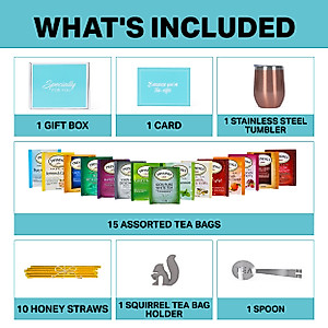 Tea Gift Sets for Tea Lovers Women and Men | Tea Gifts | Tea Gift Set | Tea Sets for Women | Stainless Tumbler | 15 Unique Teas | 10 Honey Straws | Gift Box Tea Set (Rose Gold)