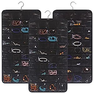 3 Pack Hanging Jewelry Organizer with 80 Pockets Jewelry Storage for Earrings Necklace Bracelet Ring Accessory, Black