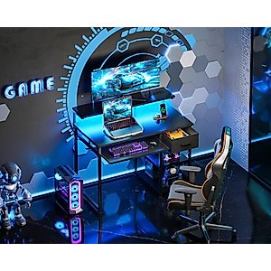 AODK Gaming Desk with LED Lights & Power Outlet, 40 Inch Small Computer Desk with Keyboard Tray, Office Desk with Drawer, Reversible Desk with Adjustable Monitor Shelf and Storage Shelf, Black