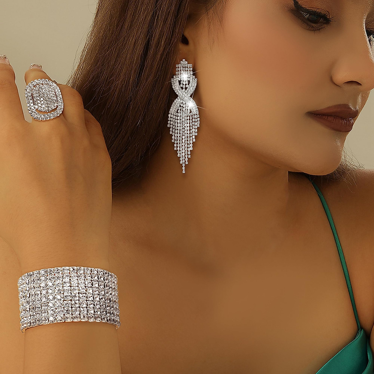 Sllaiss Rhinestone Bridal Jewelry Set for Women Sparkling Rhinestone Stretch Bracelet Ring Dangle Tassel Earrings Set Costume Jewelry (Set 01)