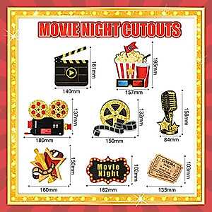 Fumete 32 Pieces Movie Night Party Cutouts Movie Party Decorations Kit Double Sided Printing Golden Black Paper Cards Red Carpet Clapboard Movie Tickets Film Reel Decor for Movie Night Party Supplies