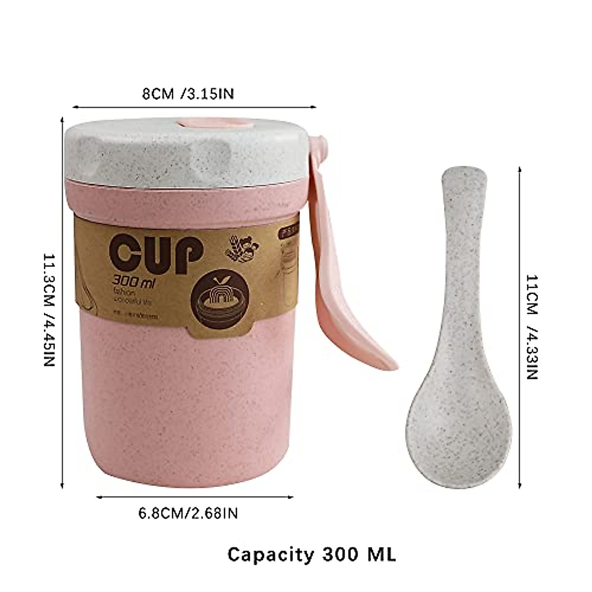 LZYMSZ 2PCS Wheat Straw Soup Cup, 300ml Portable Microwaveable Breakfast Cup, 2 Colors Porridge Lunch Box with Spoon for School Office Outdoor Travel Student (Blue and Pink)