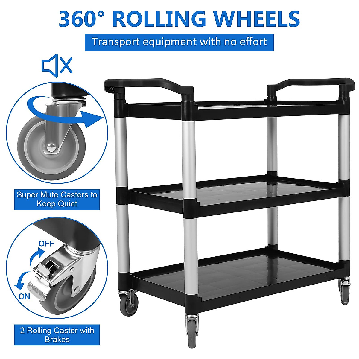 Service Cart Heavy Duty 3-Shelf Rolling Utility/Push Cart with Lockable Wheels, 360 lbs. Capacity, Black, for Foodservice/Restaurant/Cleaning