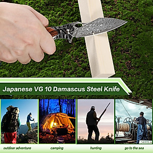 Minowe Handmade Damascus Steel Folding Pocket Knife， with 3.7in Sharp Blade，Men's Folding Knife, Liner Lock，Desert Ironwood Handle，with Leather Sheath, Home Outdoor EDC Knife, Camping Gift Knifeife