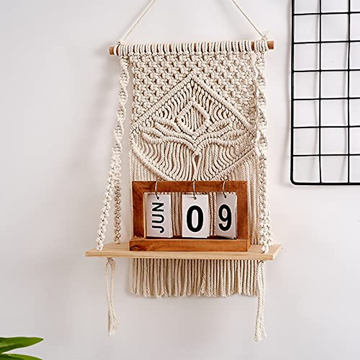 Walbest Macrame Wall Hanging Shelf Decor - Macrame Plant Hanger Boho Wall Decor, Boho Hanging Floating Wall Shelves for Wall Storage Beige