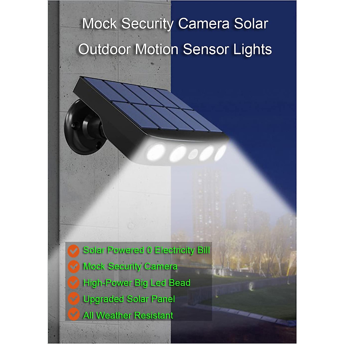 Sam Fuk Solar Outdoor Lights, Motion Sensor Flood & Security Lights with Mock Security Camera Design, 4 Big LED Beads,IP65 Waterproof, and Long-Lasting Battery. (Day Light, 2pack)
