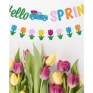JKQ Glitter Hello Spring Banner with Tulip Truck Signs and Colorful Glittery Tulips Banner Hello Spring Tulips Flowers Garland Banner Spring Easter Birthday Party Fireplace Mantle Decorations