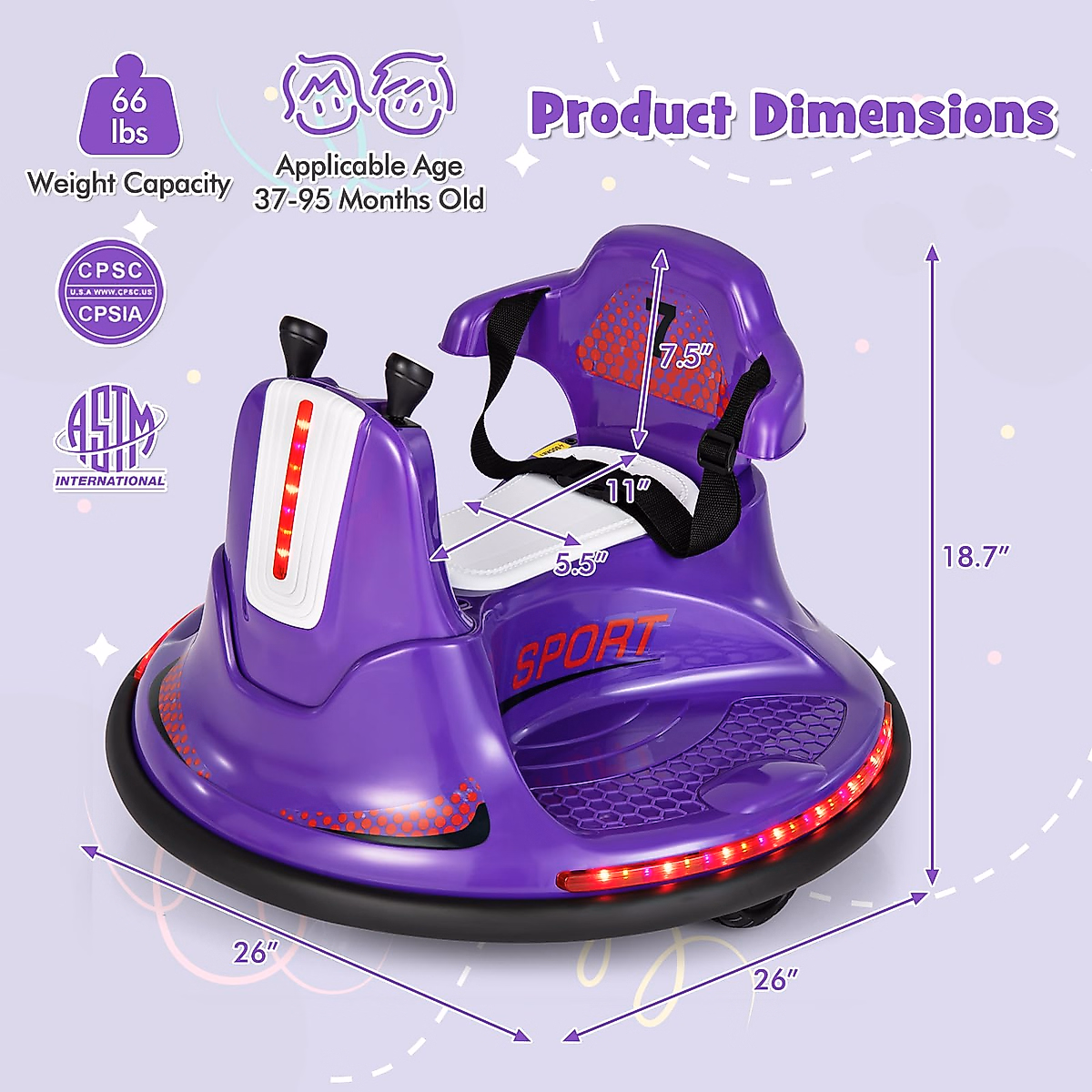 Costzon 12V Kids Ride On Bumper Car, Electric Bumper Car w/Dual Joysticks, Remote Control, 360° Spin, Slow Start Function, LED Lights & Fun Music, Adjustable Safety Belt, Soft Bumper (Purple)