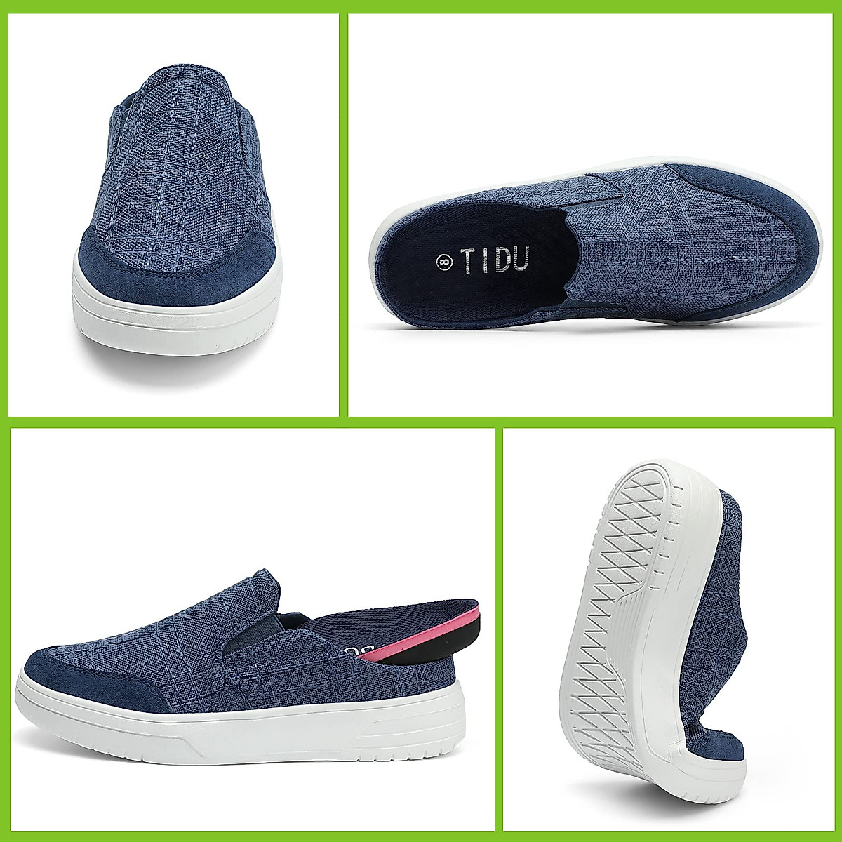 TIDU Arch Fit Shoes for Women Plantar Fasciitis Slip On Slippers Supportive Fashion Sneakers Orthopedic Boat Shoes for Diabetic Blue Size 8.5