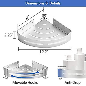 pentaQ 2 Pack Corner Shower Shelves with 8 Removable Hooks, No Drilling Adhesive Wall Mounted Aluminum Bathroom Shelf, Corner Shower Caddy Shelf Basket Shampoo Holder Organizer