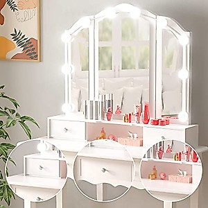 GinguoHome Vanity Set with Lighted Mirror, White Dressing Table,Makeup Vanity with Tri-Fold Mirror and 10 LED Dimmable Bulbs,Dressing Table with Cushioned Stool&4 Drawers,for Bedroom Vanity Desk White