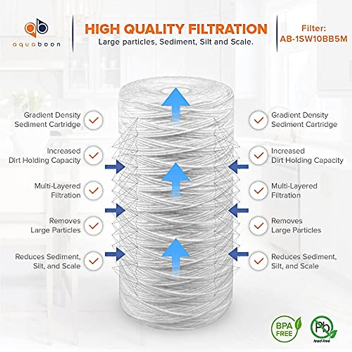 Aquaboon 5 Micron 10" x 4.5" String Wound Sediment Water Filter Cartridge | Whole House Sediment Filtration | Compatible with 84637, WPX5BB97P, PC10, 355214-45, 355215-45, WP10BB97P WP5BB97P 6-Pack