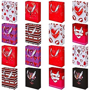 24 Pieces Valentines Paper Bags Kraft Party Hearts Bags with White Ribbon for Valentines Day Galentines Day Anniversary, 7.9 x 6.3 x 2.4 Inch/ 20 x 16 x 10 cm,8 Styles