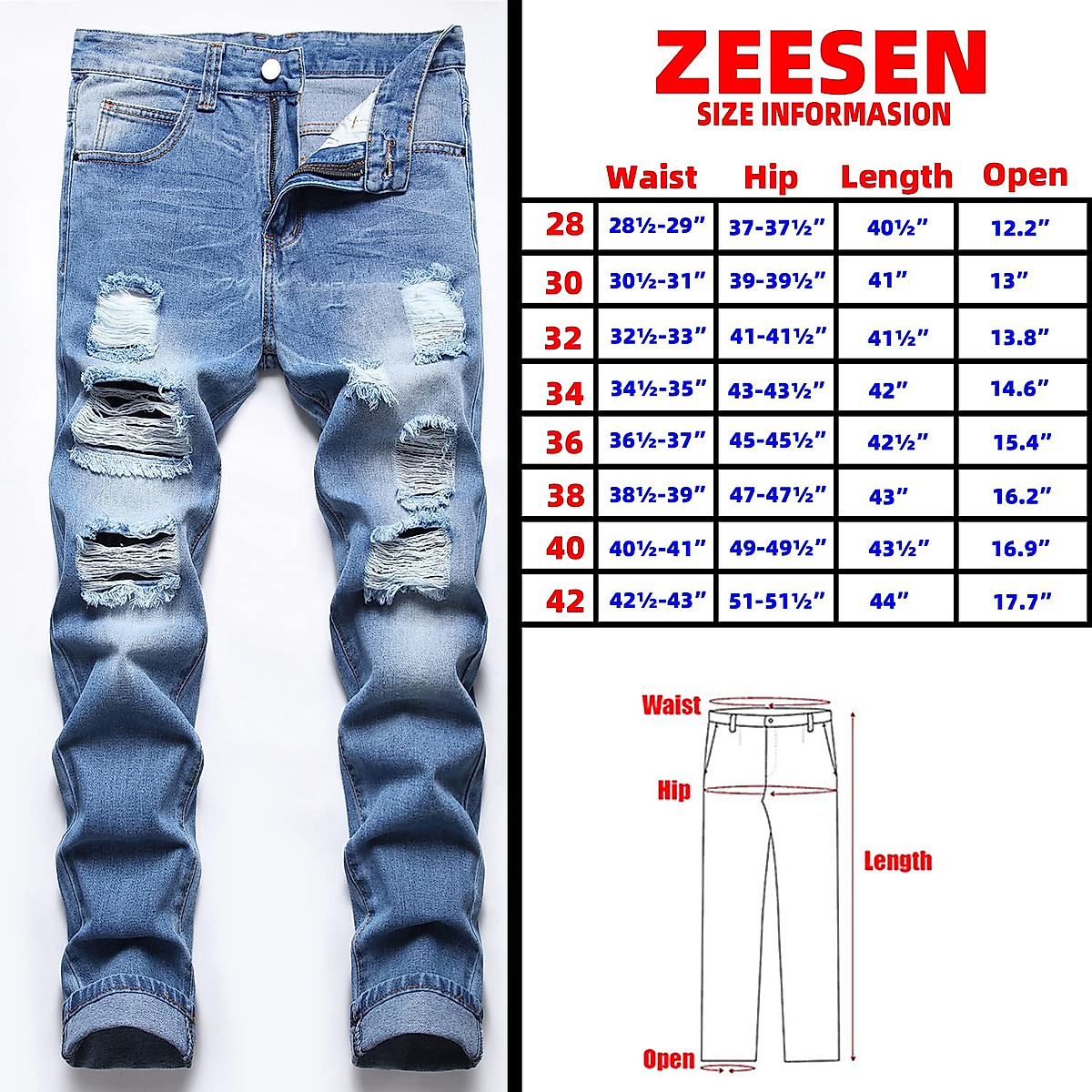 Men's Jeans Blue Ripped Pants Regular Fit Tapered Leg Denim Pants Distressed Dress Cool Jeans Athletic Fit Classic Destroyed (blue9301, 38)
