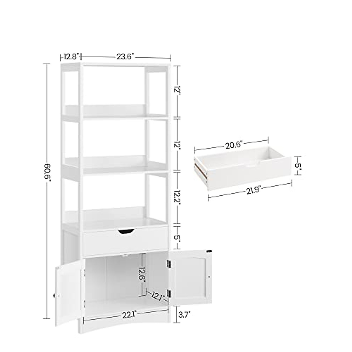 VASAGLE Bathroom Storage Cabinet, Freestanding Linen Tower, Tall Bookcase with 3 Open Shelves, 1 Large Drawer, 12.8 x 23.6 x 60.6 Inches, for Entryway, Kitchen, Study, White UBBC67WT