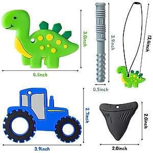 4Pcs Sensory Chew Necklaces Car Teether Shark Tooth Food Grade Silicone Teething Chewing Toy Dinosaur Chewable Pendant for Infant Nibble Oral Motor Autism ADHD Boy Girl Kids