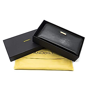 ANDOILT Genuine Leather Wallet for Women Men RFID Blocking Credit Card Holder Zipper Purse Cell Phone Handbag Huge Storage Capacity Black&Gold Chain