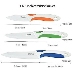 3 Pack Ceramic Knife set with Sheaths, 5-Inch Utility Knife, 4-Inch Fruit Knife, 3-Inch Peeling Knife, Zirconia Blade with Ergonomic Handle.Use for Meat Fruit Vegetable Bread and Butter.