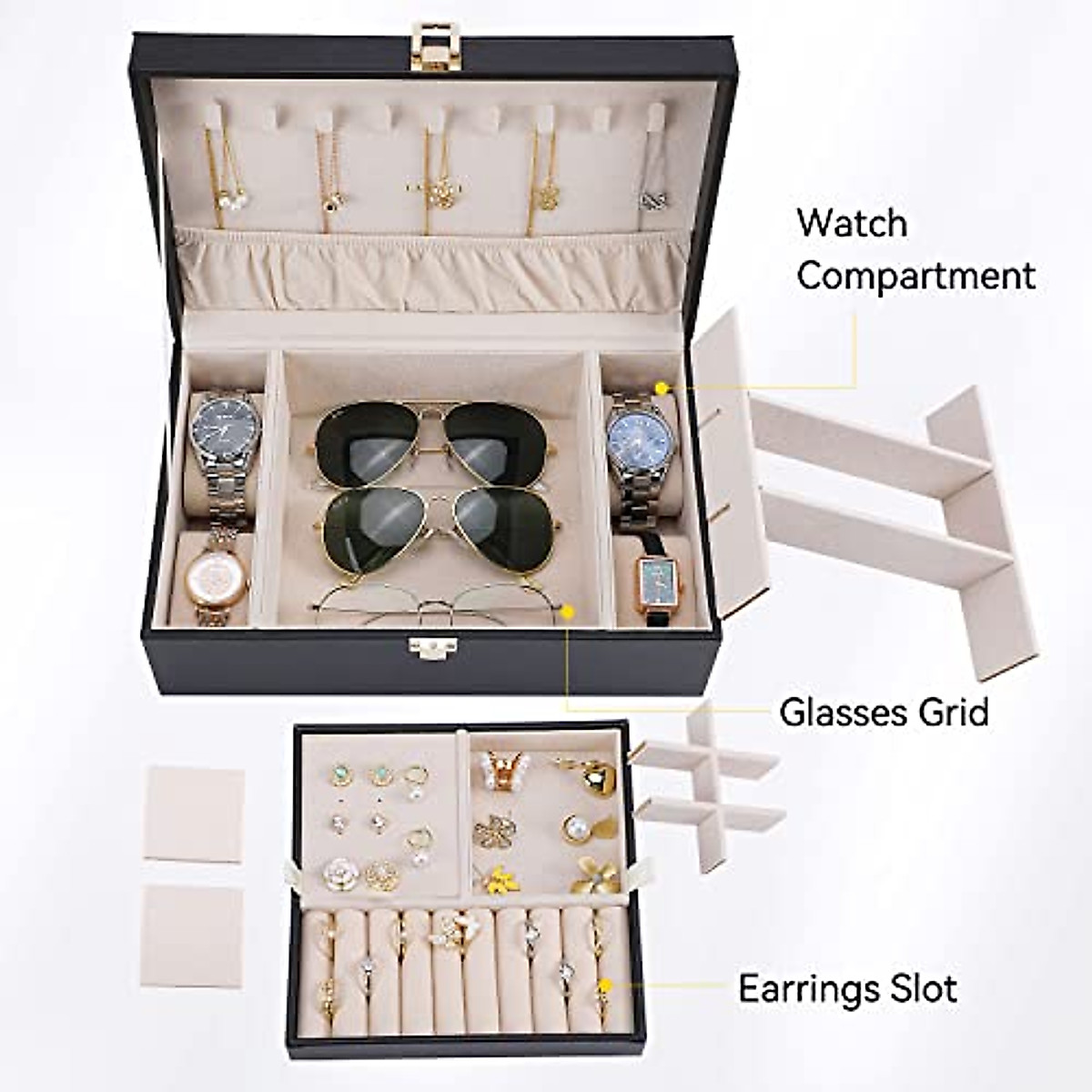 LANDICI Jewelry Box Organizer for Women Girls, Large 2 Layer Men Watch Case with Removable Tray, PU Leather Jewellery Storage Holder Display for Watches Sunglasses Rings Earrings Necklace, Black