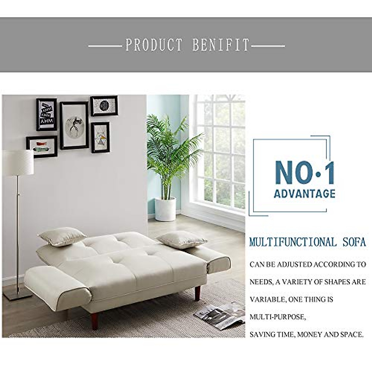 LTT Futon Sofa Bed, Futon Couch, Folding Sofa Bed Dual-Purpose Multi-Functional Relax Lounge Sofa Bed Sleeper with 2 Pillows Beige Fabric