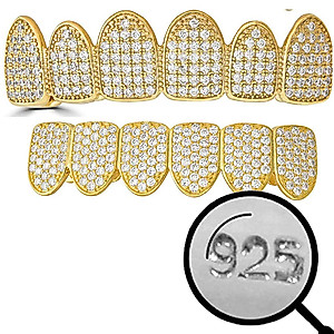 Solid 925 Sterling Silver Real Grillz - 14k Yellow Gold Plated - Iced CZ - Custom Top & Bottom Grills For Teeth - Real Solid Silver NOT BRASS