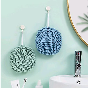 ASEANAO 2 PCS Chenille Hanging Hand Towels Quick Dry Hanging Absorbent Soft Hand Bath Towel, Bathroom Fluffy Microfiber Decorative Towels Ball，Cleaning Cloth for Bathroom Kitchen (Light Blue)