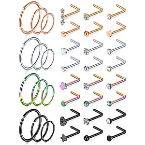 MODRSA Nose Rings 20g Nose Rings Studs L Shape Nose Piercings Stainless Steel Nose Rings Hoops Diamond Heart Hypoallergenic Nostril Nose Piercing Jewelry for Women Men Silver Rose Gold Black Rainbow