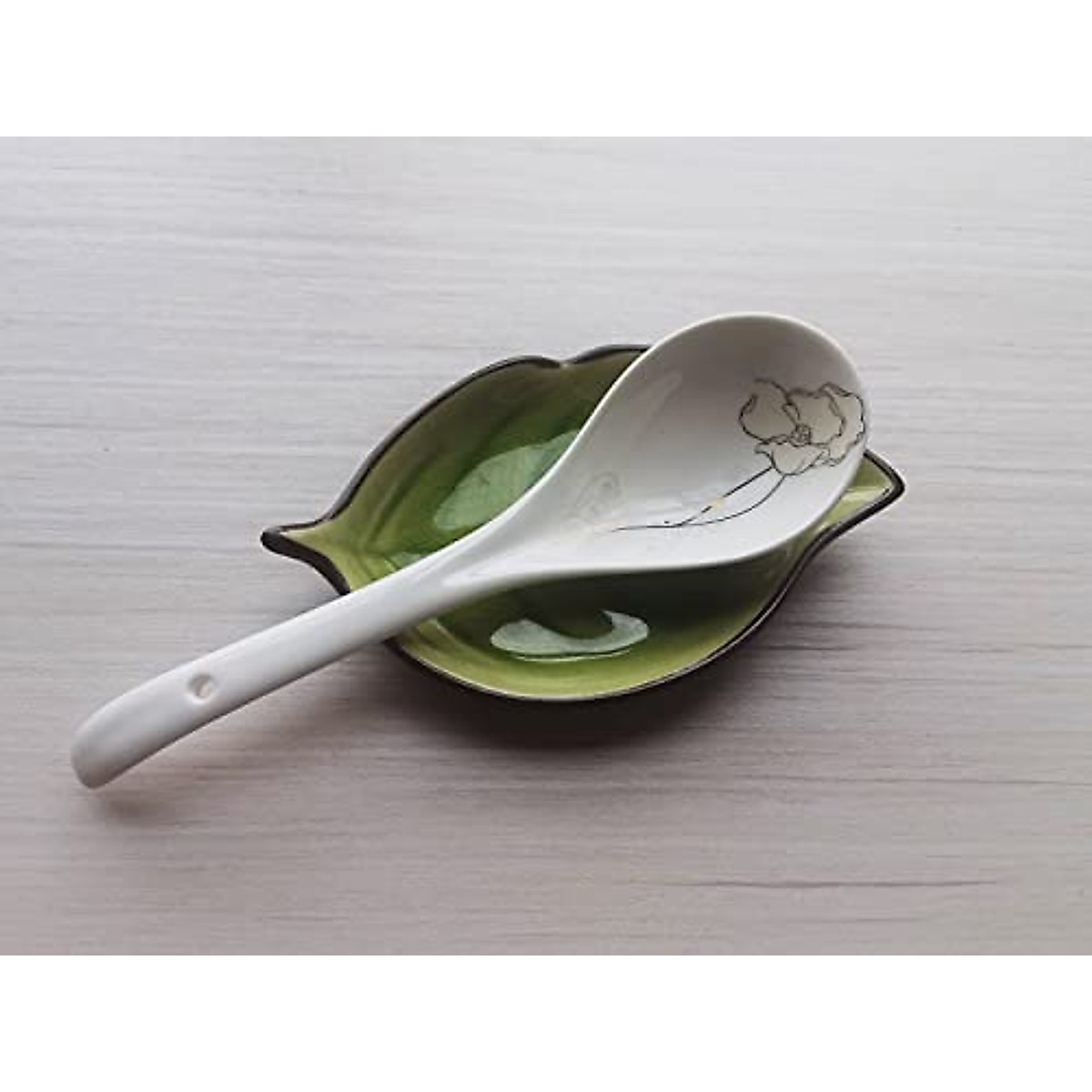 Ceramic Spoon Rest Cooking Spoon Holder for Kitchen Counter/Stove Top/Dining Table with Cute Spoon, Leaf Shaped, Modern Farmhouse Decorative, 6.7x3.9 inch