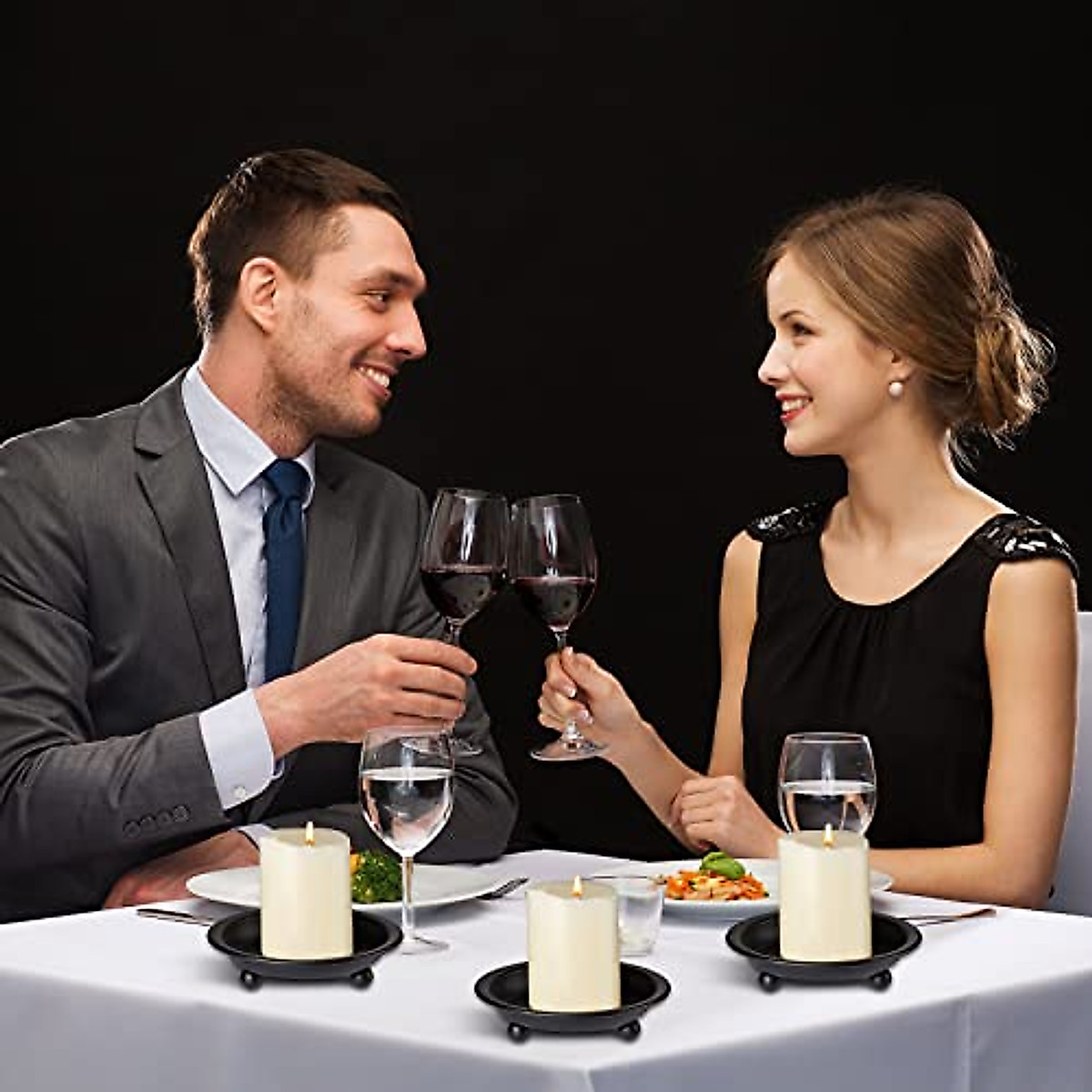 4 Pieces Matte Black Iron Candle Plate Decorative Saucer Style Candle Holder Tray Metal Pedestal Candle Stand for Christmas Table Centerpiece Wedding Party Spa Decoration Pillar Candles 4.13 Inches