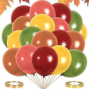 Whaline 100Pcs Thanksgiving Fall Balloons with Ribbons 12 Inch Harvest Autumn Classic Color Balloons Orange Yellow Green Brown Burgundy Balloons for Fall Birthday Wedding Baby Shower Party Decor